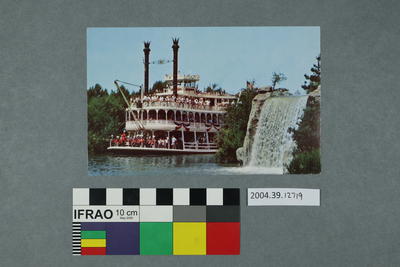 Postcard: Steam boat and waterfall scene - Canterbury Museum
