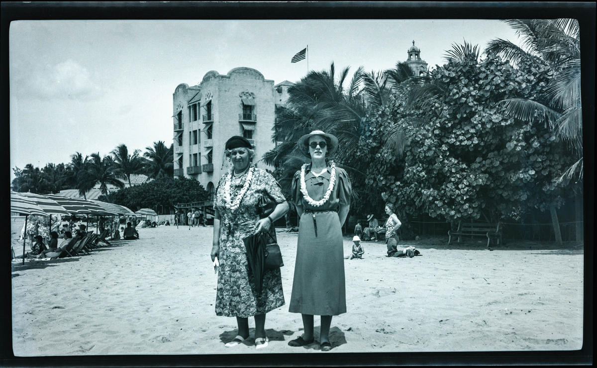 Negative: Women on beach - Canterbury Museum