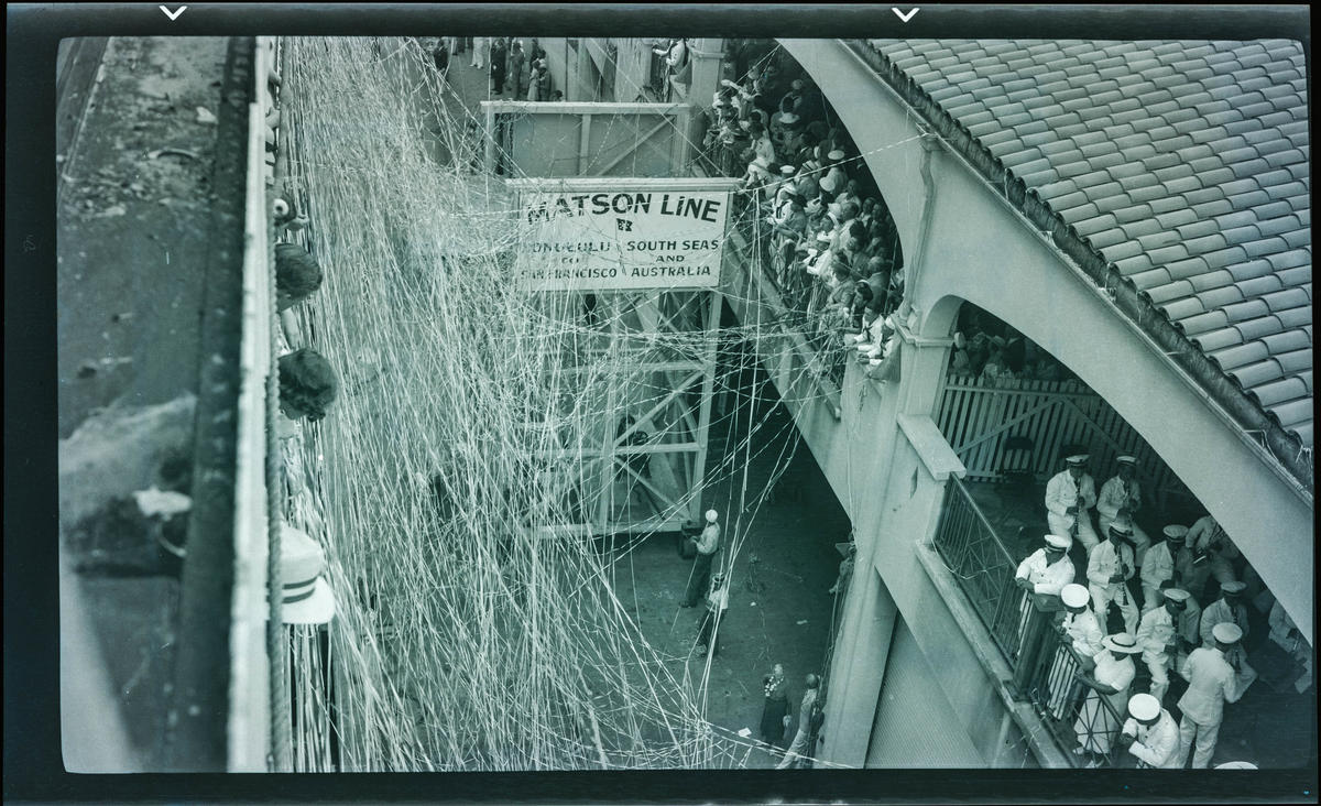 Negative: Cruise ship and streamers - Canterbury Museum
