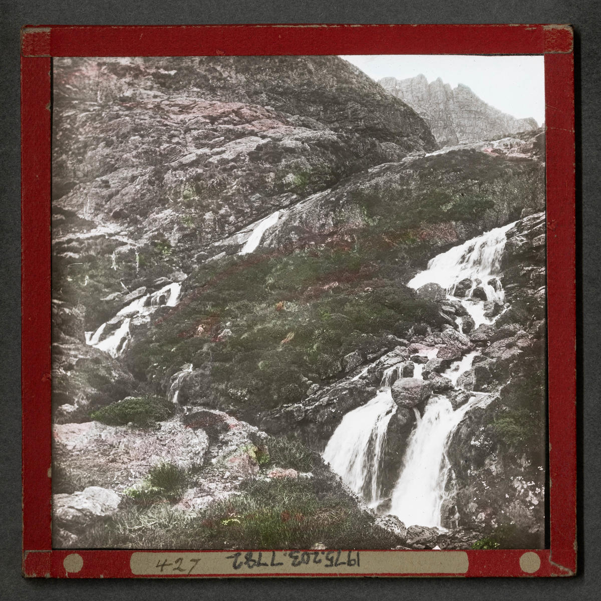 Lantern Slide: Routeburn Track waterfalls - Canterbury Museum