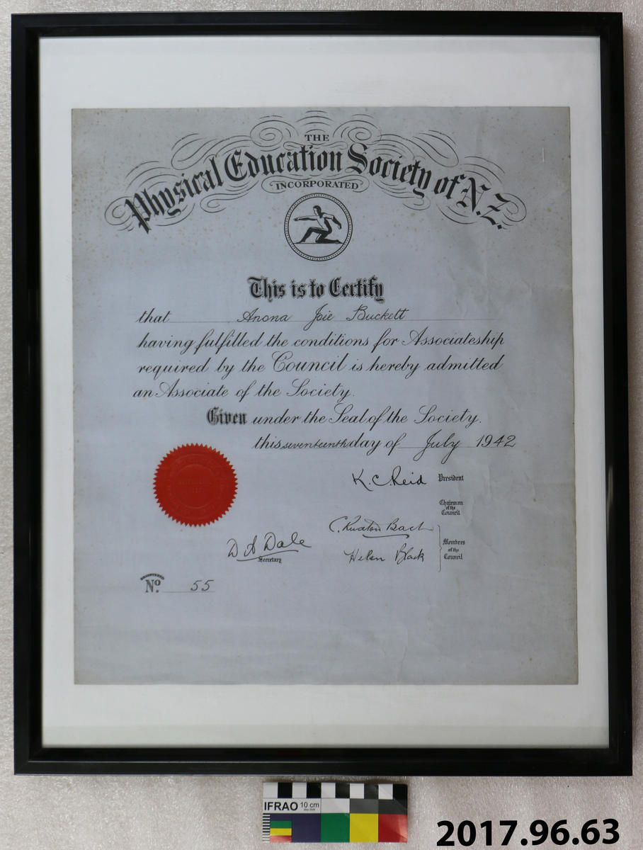 Certificate: Physical Education Society of NZ Inc - Canterbury Museum