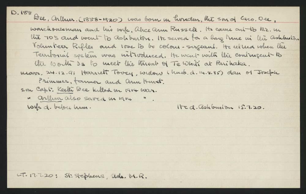 Macdonald Dictionary Record: Arthur Dee - Canterbury Museum