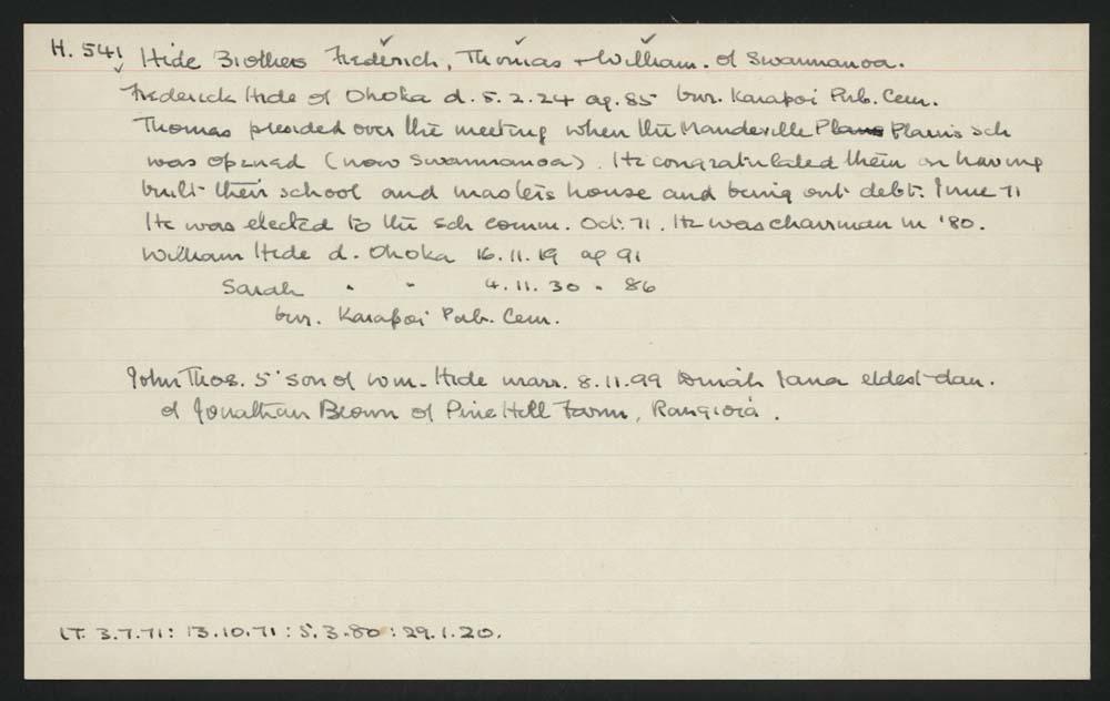 Macdonald Dictionary Record: Frederick Hide, Thomas Hide, William Hide ...