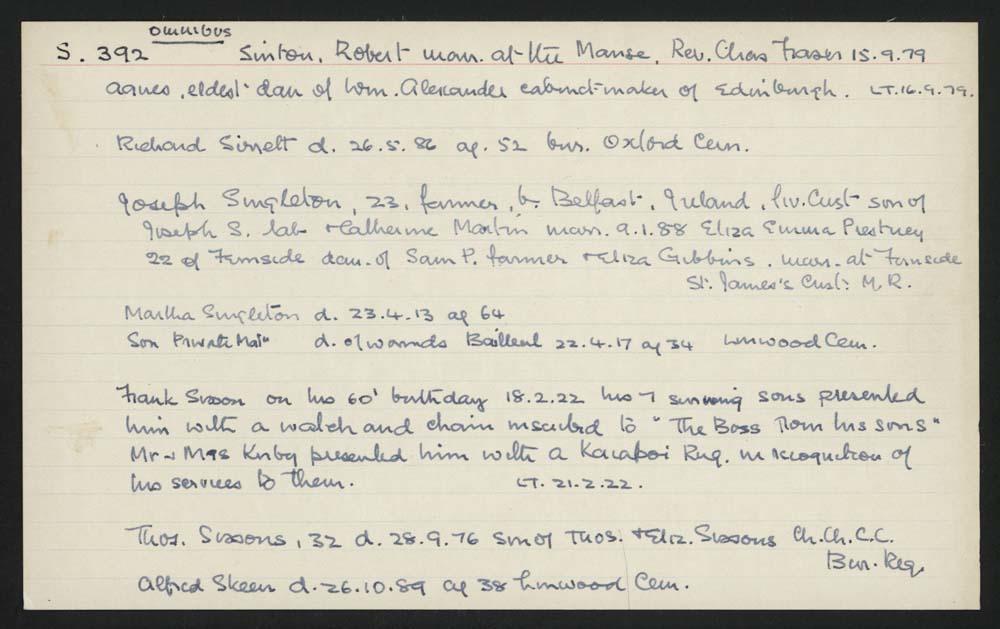 Macdonald Dictionary Record: Joseph Singleton, Martha Singleton, Robert ...