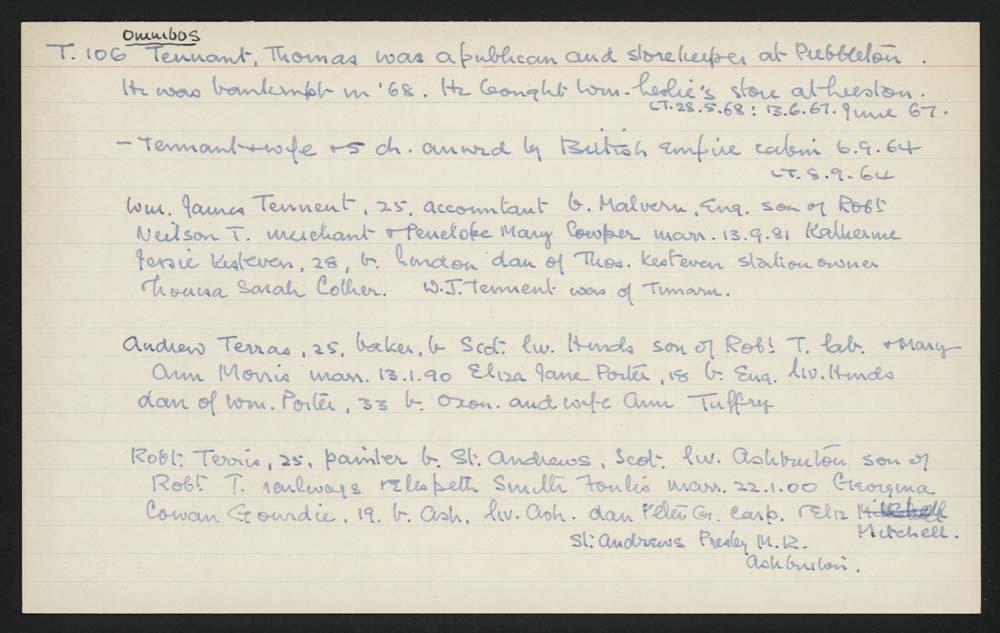 Macdonald Dictionary Record: Thomas Tennant, Tennant, William James ...