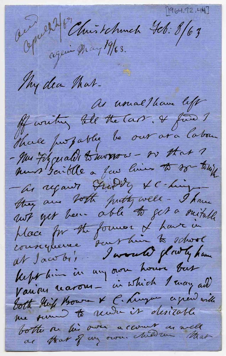 Letter: Alfred Charles Barker to Matthias Barker, 8 February 1863 ...
