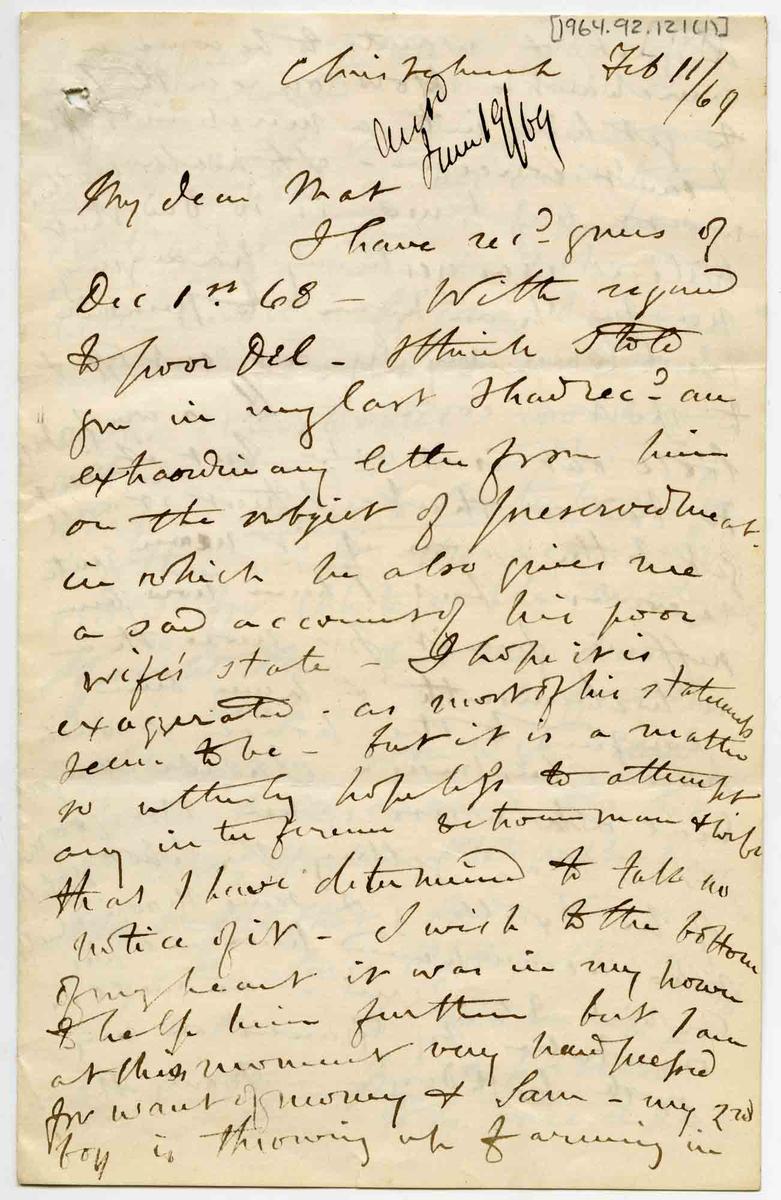 Letter: Alfred Charles Barker to Matthias Barker, 11 February 1869 ...