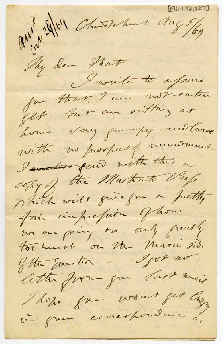 Letter: Alfred Charles Barker to Matthias Barker, 5 August 1869 ...