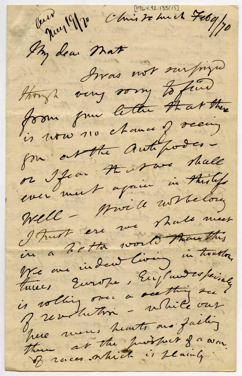 Letter: Alfred Charles Barker to Matthias Barker, 9 February 1870 ...