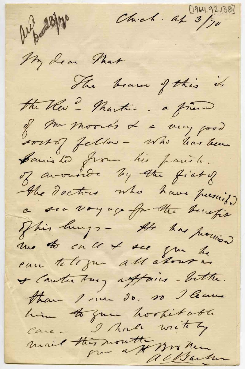 Letter: Alfred Charles Barker to Matthias Barker, 3 April 1870 ...