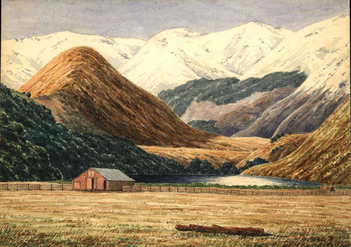 Painting: Woolshed and Lake Letitia, Mt White Station - Canterbury Museum